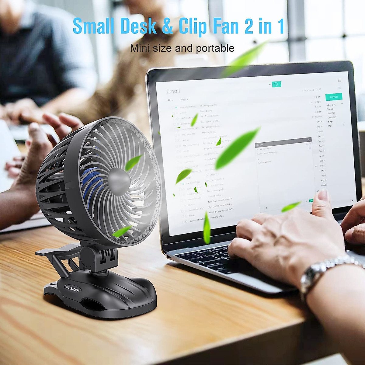 BESKAR Clip on Fan - 5000mAh Battery Rechargeable with CVT Speeds and Strong Airflow, Head Adjustable, Small Desk Fan Personal Quiet Fan for Office Stroller Outdoor