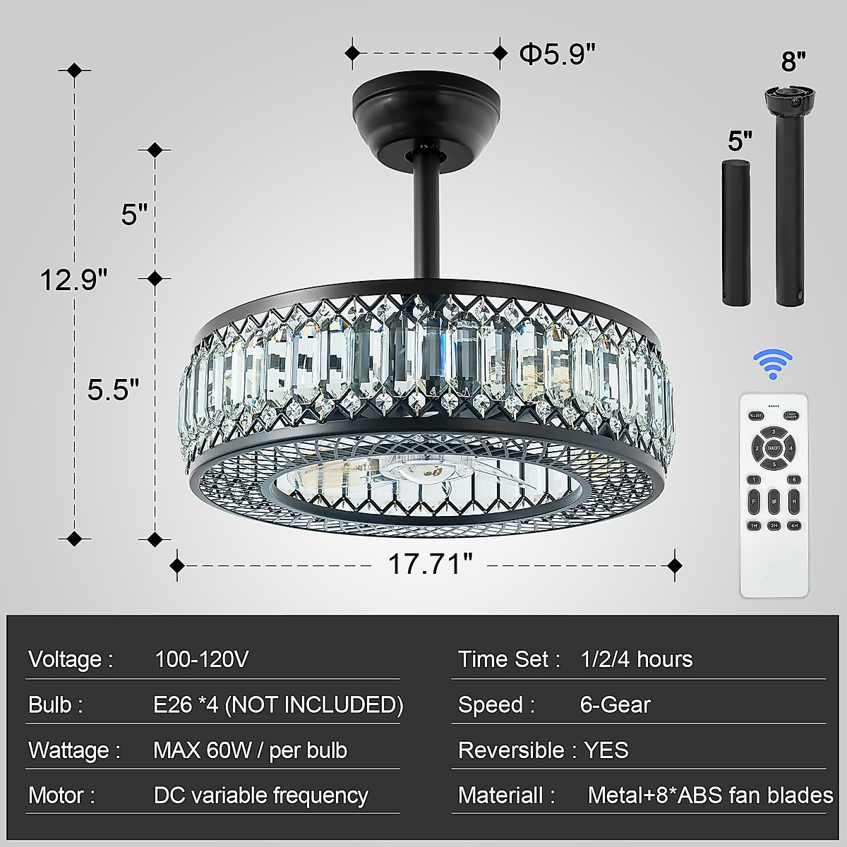 Modern Black Crystasl Ceiling Fan with Light, Caged 18" Bladeless Ceiling Fan with Remote Control, 6 Speed Low Profile Enclosed Ceiling Fan with Reversible Motor for Bedroom Kitchen Living Room