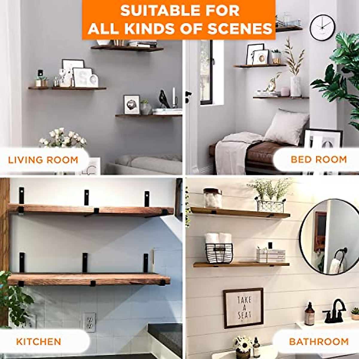 BATODA 12” Shelf Brackets with Lip (Match 11.25" Board) - 6 Pcs J Shelf Bracket Black - Heavy Duty Hook Brackets for Shelves - Wall Mounted Support for DIY - Shelving Hardware Included (Pack 6)