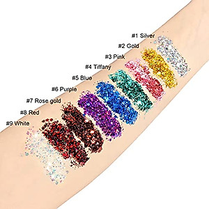 Body Glitter Gel Pack of 2 Bottle, Long Lasting Holographic Face Glitter Gel for Hair, Body, Nail, Waterproof 9 Color Liquid Glitter Body Makeup fo Women (#6 Purple & #9 White)