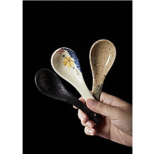 Bicuzat Vintage Style Soup Spoons Set of 5, Asian Ceramic Ramen Spoons for Broth, Chaos, Salad, Noodles, Miso Soup, Chinese Soup, Rice Spoon, 5 Inch