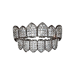 18K White Gold Plated CZ Cluster Custom Slugs Top Bottom GRILLZ Fangs Mouth Teeth Grills Set - Grillz, Teeth Cap, Iced Out Grillz (Top & Bottom Set)