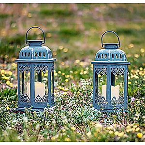 SteadyDoggie Solar Lanterns 2 Pack Blue - Hanging Solar Lights with Flickering Candle LED - Retro Ornate Hanging Solar Lantern with Handle
