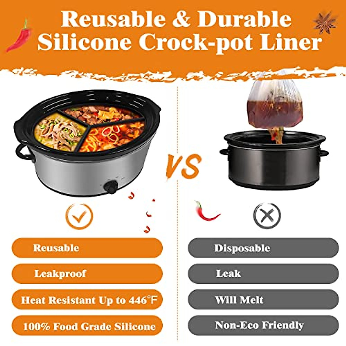 Slow Cooker Divider Liner Fit Crockpot 7-8 Quart,Reusable Silicone Liners for 7-8 QT Oval Crock Pots,Food-Grade Cooking Dividers Inserts,Eco-Friendly Alternative to Disposable Liners - Black