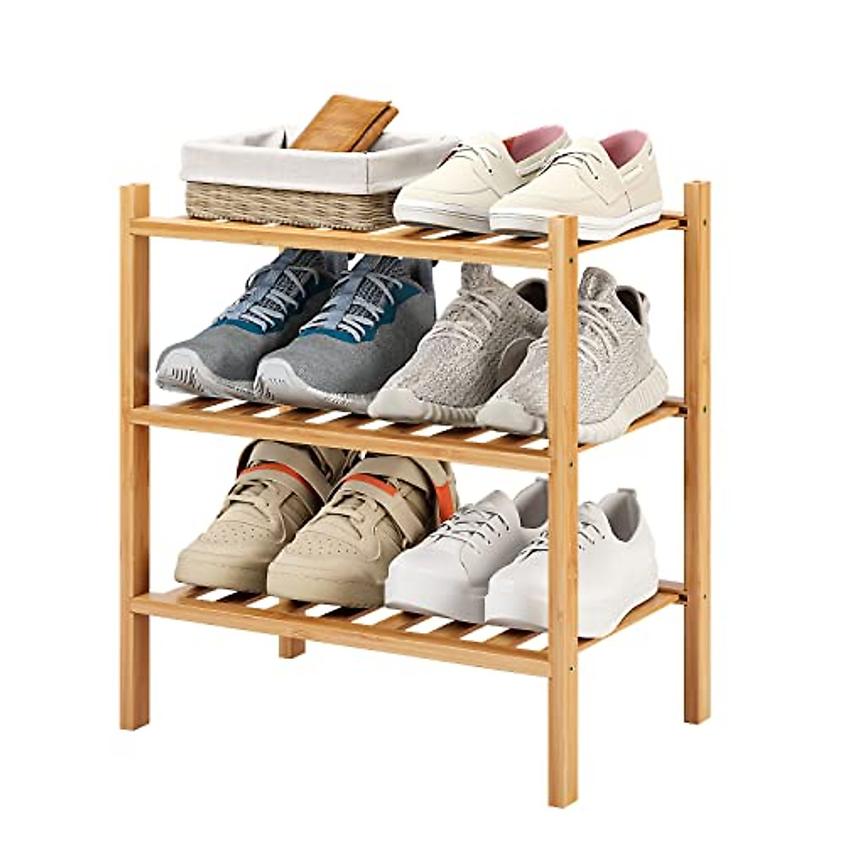 Furshus 3-Tier Small Shoe Rack for Entryway, Stackable | Heavy Duty | Multi-Function, Bamboo Free Standing Shoe Racks for Bedroom Hallway Closet