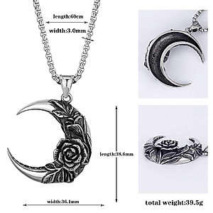 Jude Jewelers Stainless Steel Moon Crescent Shape Rose Flower Antique Vintage Cocktail Party Biker Pendant Necklace (Silver)