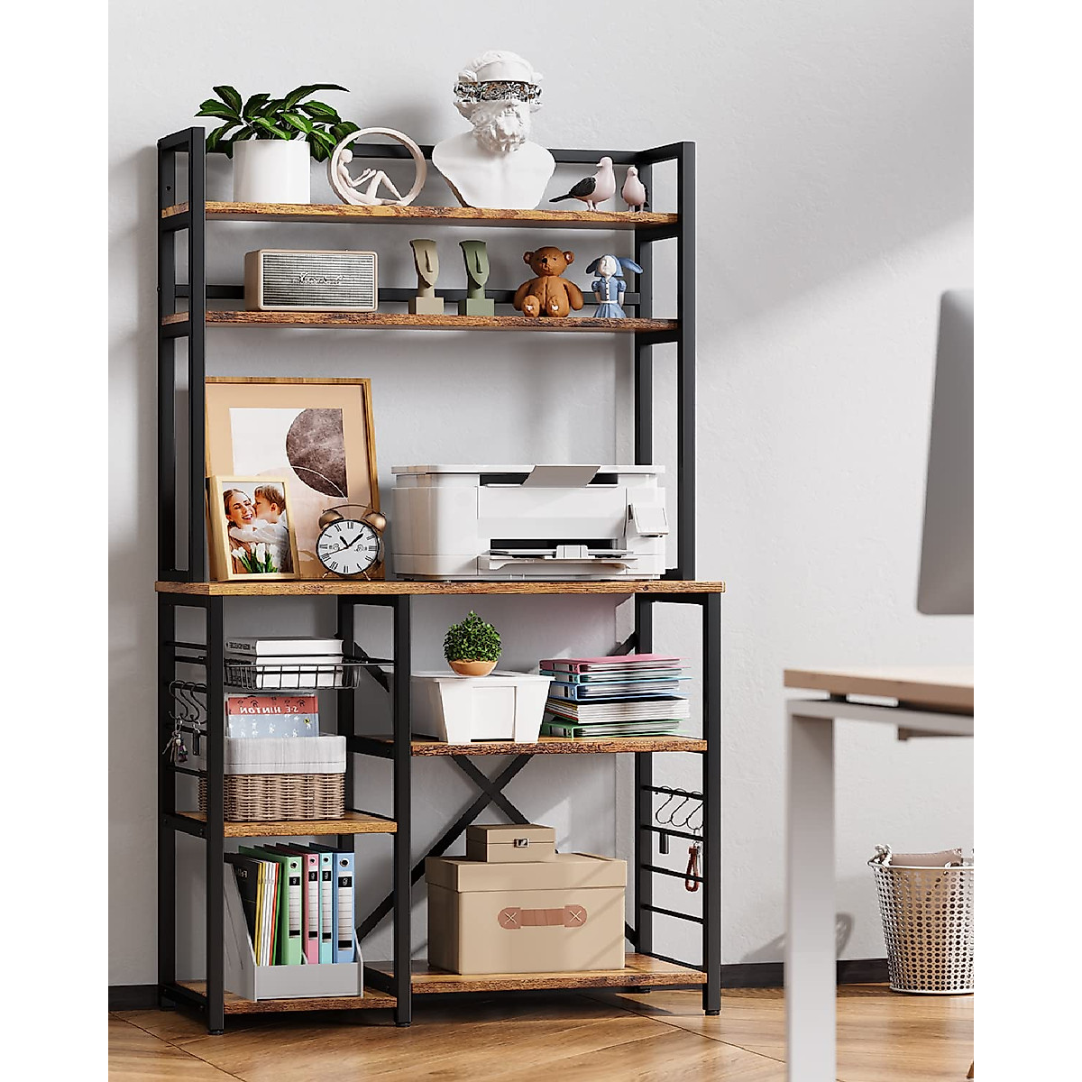 Gizoon Home Kitchen Baker's Rack with Spacious Storage, 5 Tier Versatile Microwave Stand Shelf with Basket & Side Hooks,Free Standing, Sturdy, Durable-Retro