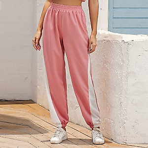 High Waist Jogger Pants for Women with Pocket Colorblock Sweatpants Cinch Bottom Elastic Waist Lounge Workout Trousers