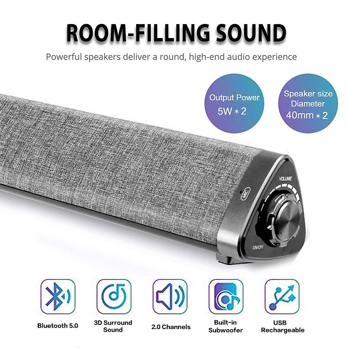 ASIYUN Sound Bar, Wired and Wireless Bluetooth 5.0 Audio Speaker Surround Sound Home Theater Built-in Subwoofers for TV/PC/Phones/Tablets with Remote Control (Support Device with AUX/RCA/USB Function)