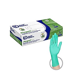 Safe Health Aloegenii HD Green Vinyl Exam Disposable Gloves, Aloe Vera Coated, 5.5 mil, Box of 100, Large, Latex Free, Powder Free, Medical Grade, Clinic, Nursing, Food, Cleaning, Janitorial