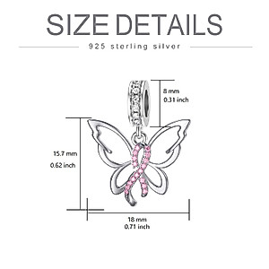 LEECCI Breast Cancer Awareness Charm Butterfly Pink Ribbon Charm for Bracelet 925 Sterling Silver Women's Charm Bead Bracelets with Cubic Zirconia Breast Cancer Survivor Gifts for Women