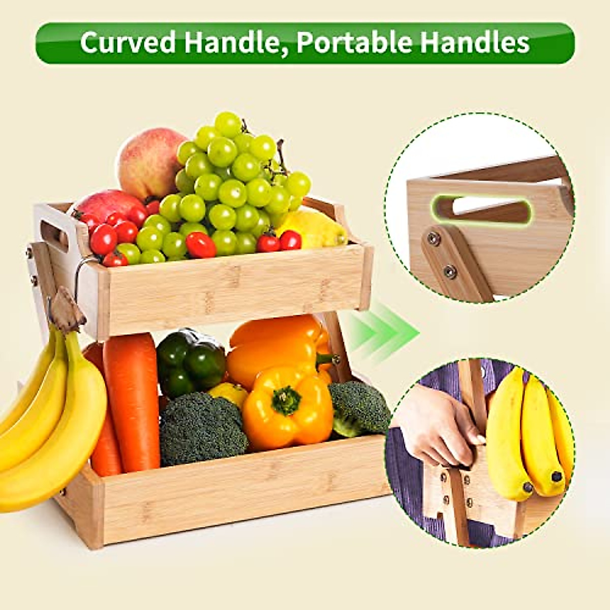 ETECHMART Bamboo Fruit Basket, 2 Tiers Fruit Bowl For Kitchen Counter, Large Capacity Detachable Vegetable Bread Storage Basket Banana Holder Stand