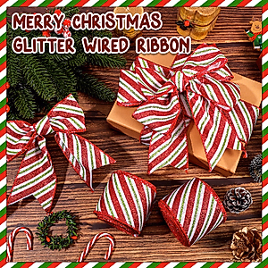 2 Rolls Christmas Wired Ribbon Red Green Stripe Glitter Ribbon Xmas Wrapping Burlap Decor for Home Party DIY Craft Bows, 2.5 Inch 20 Yards (White)