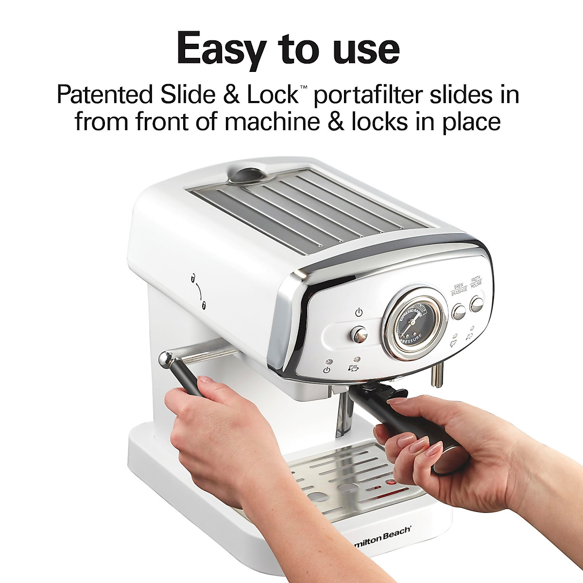 Hamilton Beach Slide & Lock Espresso Machine With Milk Frother Steam Wand For Cappuccino & Latte, 15 Bar Pump and Two Spouts, Removable Reservoir, Compact, Retro Design, White (40731)