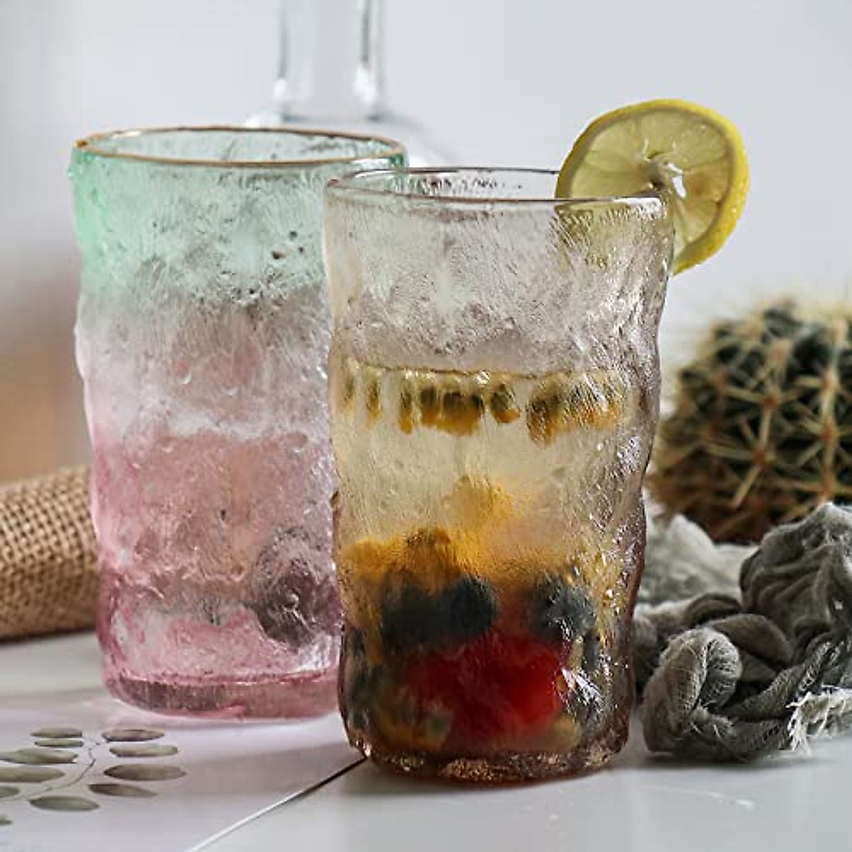 TOSSOW Glass Cups, Heavy Drinking Glasses Set of 2, Glacier Pattern Glassware(12oz) Decoration Mixed Drinks for Wine, Beer, Juice, Mojito and Cocktail-Coffee