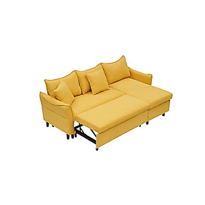 TURRIDU Convertible Sectional Sofa with Pull-Out Bed and Storage Chaise Lounge, L-shaped Corduroy Upholstered Reversible Couch with 2 Throw Pillows for Living Room, Apartment (Yellow)