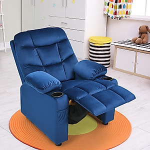 GLACER Kids Recliner, Velvet Adjustable Baby Recliner w/Cup Holder, Footrest, Lumbar Support, Armrests, Side Pockets, Kids Recliner Chairs for Toddlers for Boys Girls Age 3+, Toddler Recliner (Blue)
