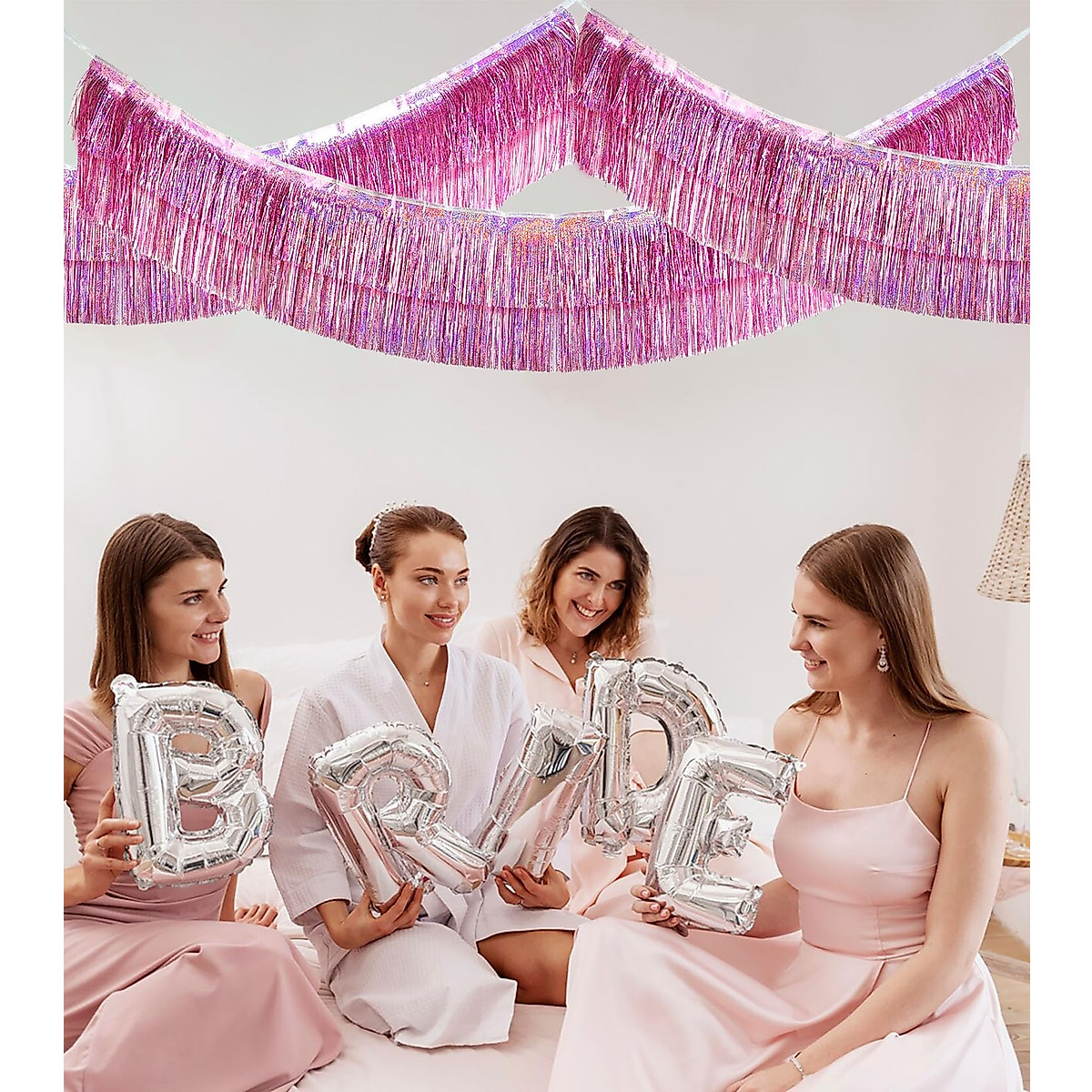 Sharonlily 2 Pack Glitter Pink Foil Fringe Garland-4 Layers Thick | Shiny Metallic Tinsel Streamers, Hanging Fringe Banner for Wedding Christmas Decoration Home Hanging Parade Floats