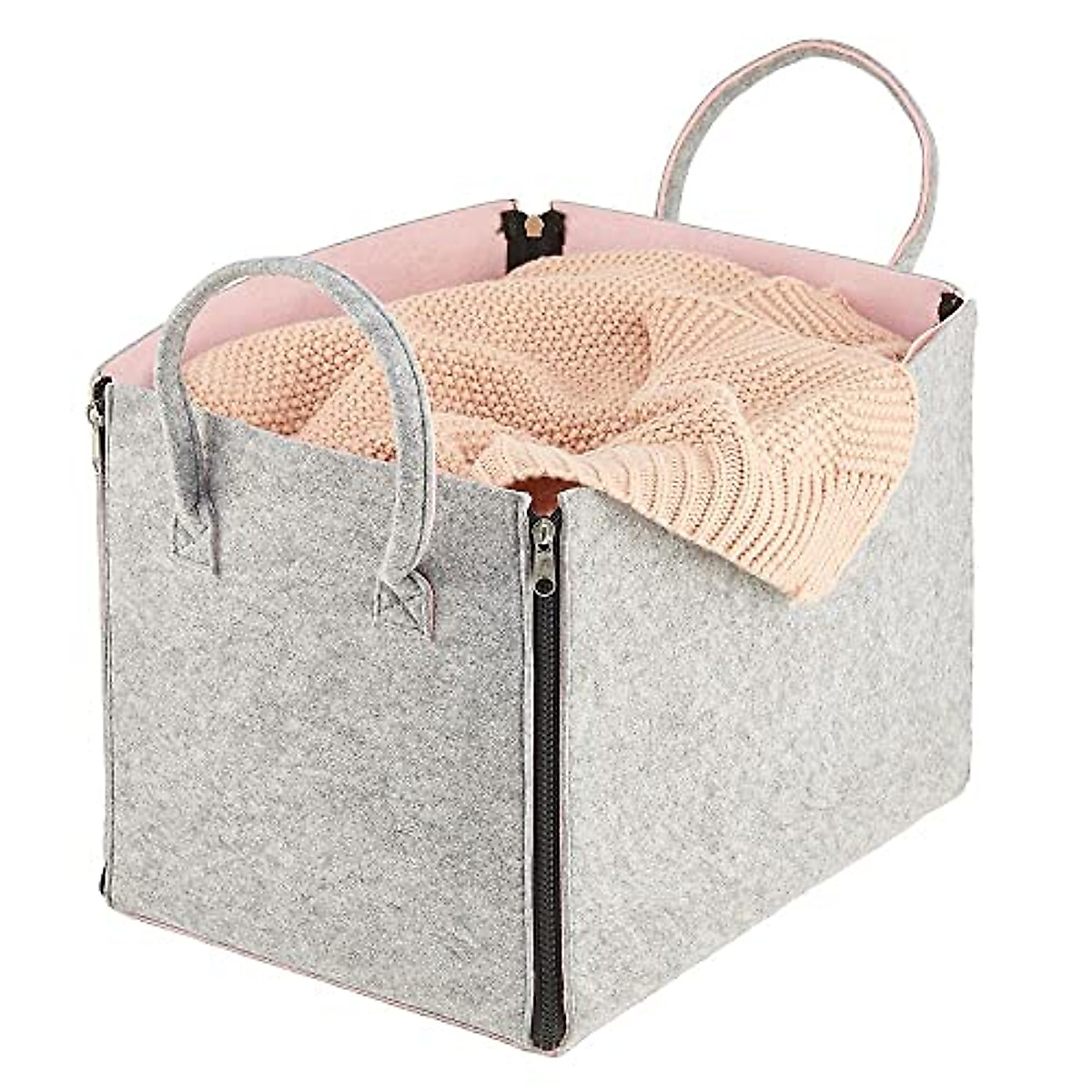 mDesign Soft Felt Cube Bin Box with Zipper - Attached Handles - Storage for Closet, Bedroom, Furniture Shelving Units - Textured Print - Light Pink/Light Gray