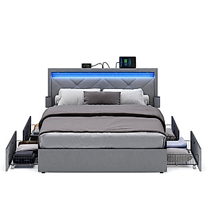 VASAGLE LED Bed Frame Queen Size with Headboard and 4 Drawers, 1 USB Port and 1 Type C Port, Adjustable Upholstered Headboard, No Box Spring Needed, Light Grey URMB821G01