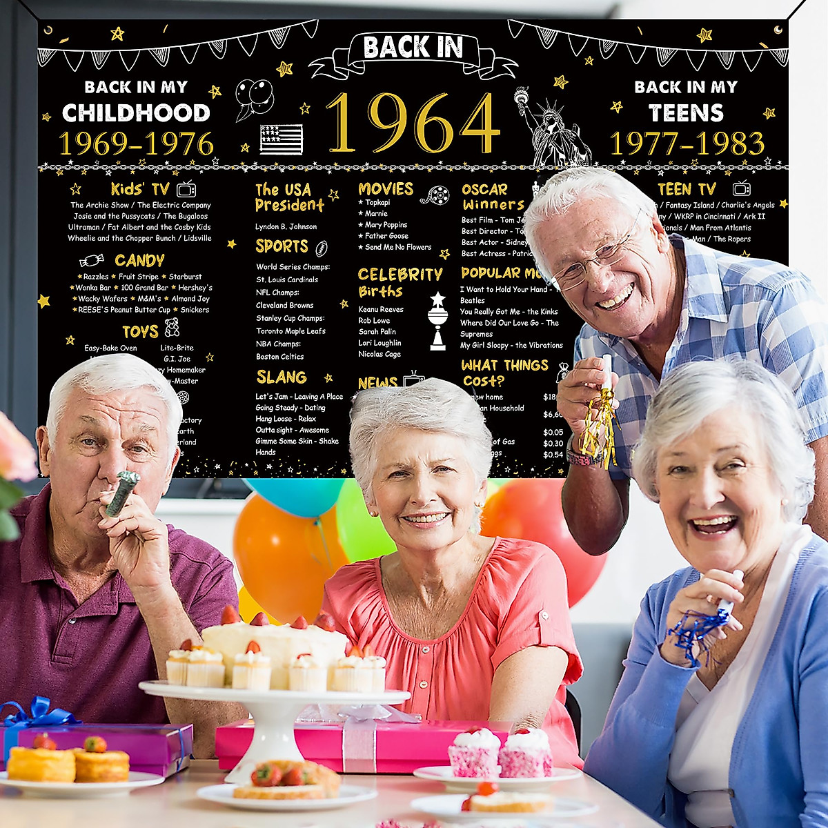 DARUNAXY 60th Birthday Black Gold Party Decoration, Back in 1964 Banner Cheers to 60 Years Old Birthday Party Poster Supplies, 6 * 3.6FT Vintage 1964 Backdrop Photography Background for Men and Women