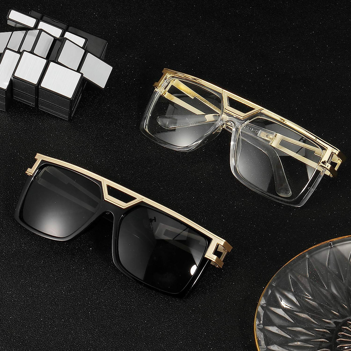 Hicarer 80s 90s Sunglasses Vintage Rapper DJ Hip Hop Glasses Retro Old School Glasses for Men Women (Black-Dark Grey, Clear)