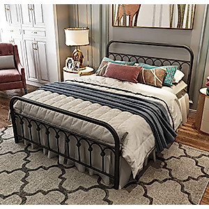 TUSEER Metal Bed Frame Queen Size with Vintage Headboard and Footboard Platform Base Wrought Iron Bed Frame (Queen,Black).