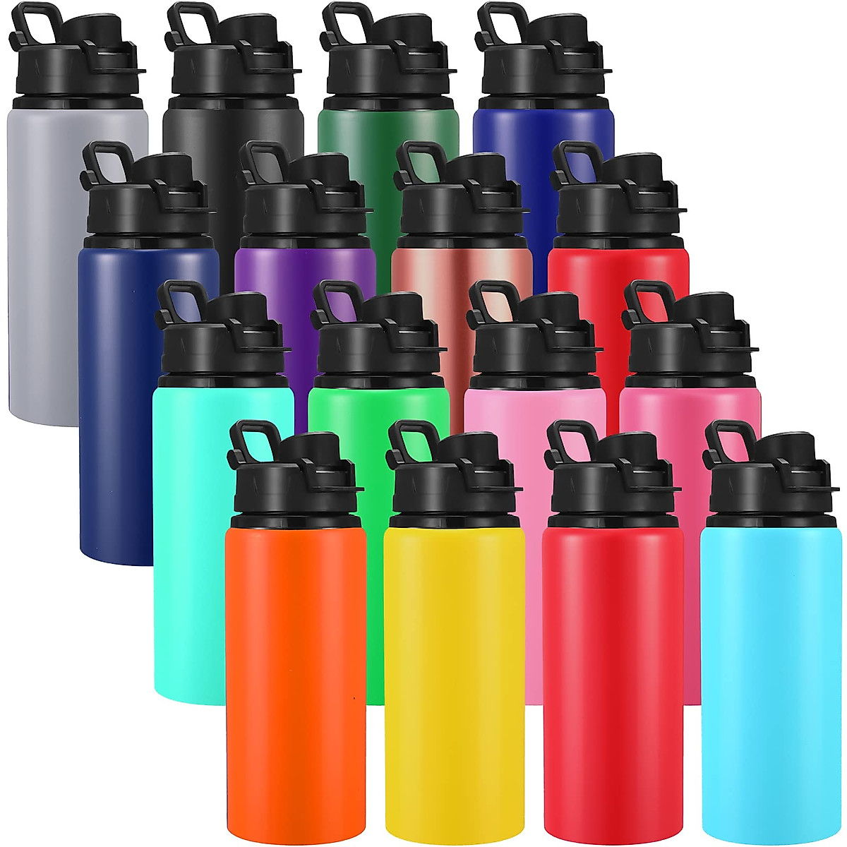Sunnyray 16 Pcs Aluminum Water Bottle Bulk Multicolor Reusable Sports Bottle with Snap Lids Multipack Vacuum Water Flask for Travel Camping, Picnics, Gym, Hiking, Cycling, Fishing (20 Oz)