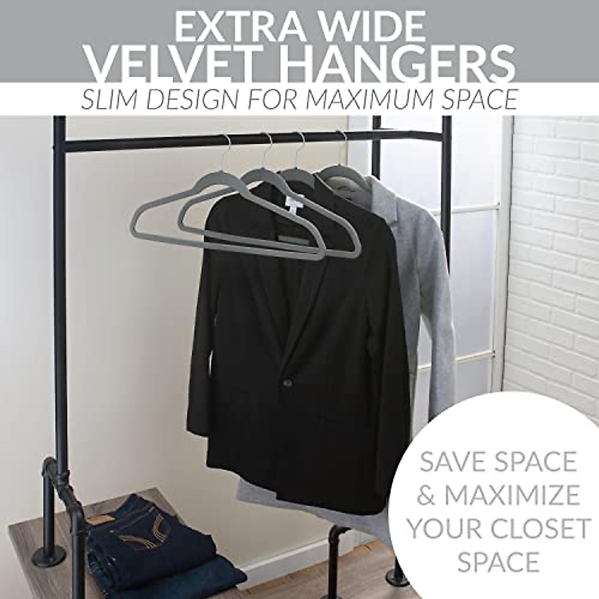 Simplify Extra Wide 21” Velvet Coat Hangers | 6 Pack | Slim Design | Heavy Duty | Holds 10 Pounds | Closet Organization | Shirt & Clothes | Grey