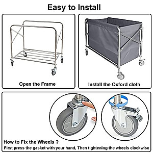 Folding Laundry Cart Commercial Rolling Laundry Basket Trucks with Wheels 440lbs Load Capacity Stainless Steel Laundry Trolley Cart for Industrial/Home 34 * 21 * 31inches (Gray)