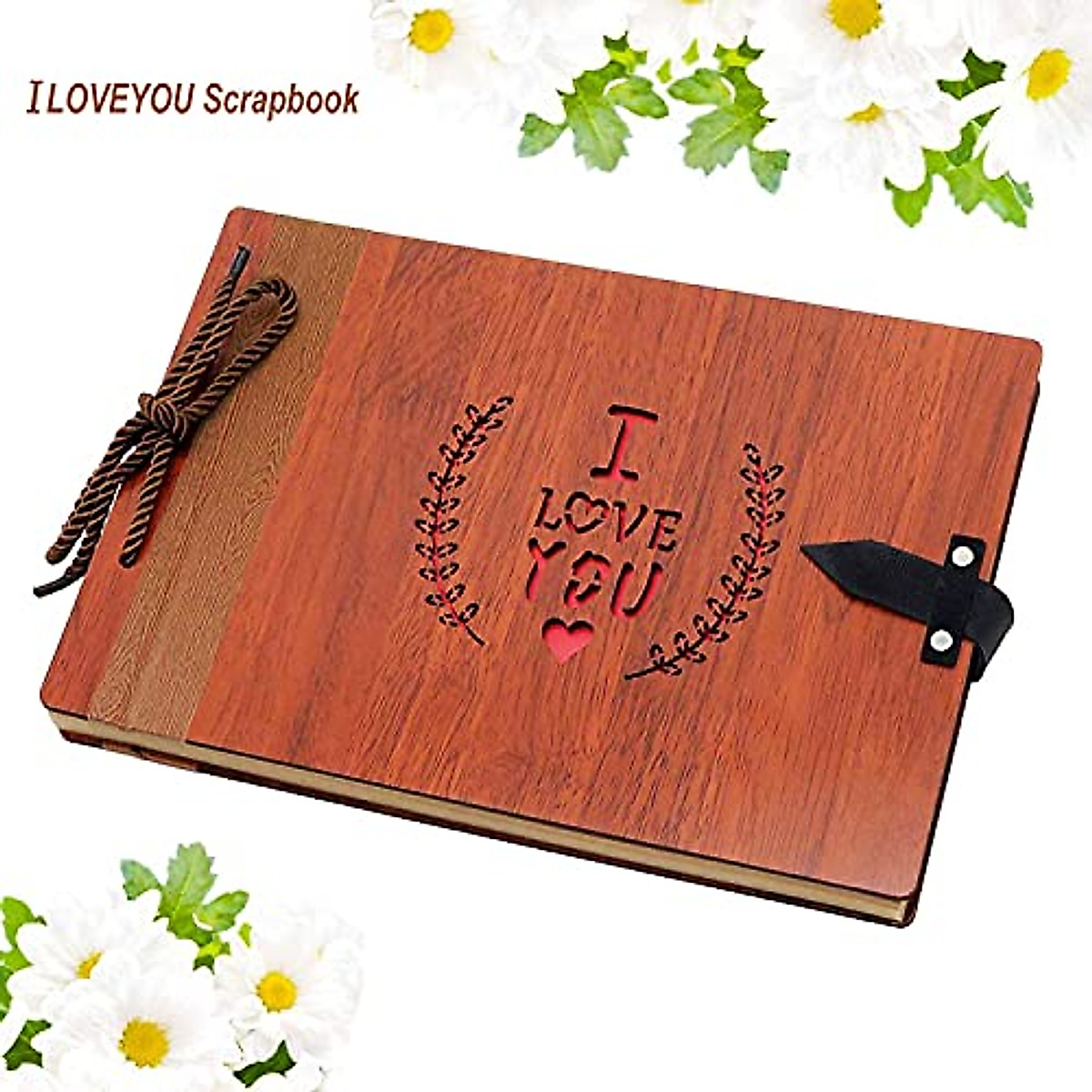 ZEEYUAN Wooden Photo Album Scrapbook DIY Photo Book Wedding Guest-Book 80 Pages Travel Memory Book Birthday Anniversary Valentine's Gift for Mother Father (I Love You)
