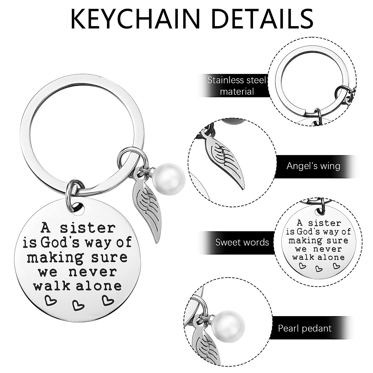 Roowest 6 Pieces Sister Keychain Gift from Sister, a Sister Is God's Way of Making Sure We Never Walk Alone Angel Keychain for Women Friend Birthday school class Jewelry Gifts