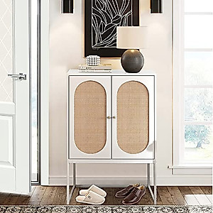 AWQM Natural Rattan 2 Door High Cabinet,Sideboard Buffet Cupboard Accent Cabinet,Adjustable Shelves,Free Standing Bookmatch,Easy Assembly,26.77" L x 15.75" W x 41.34" H,White
