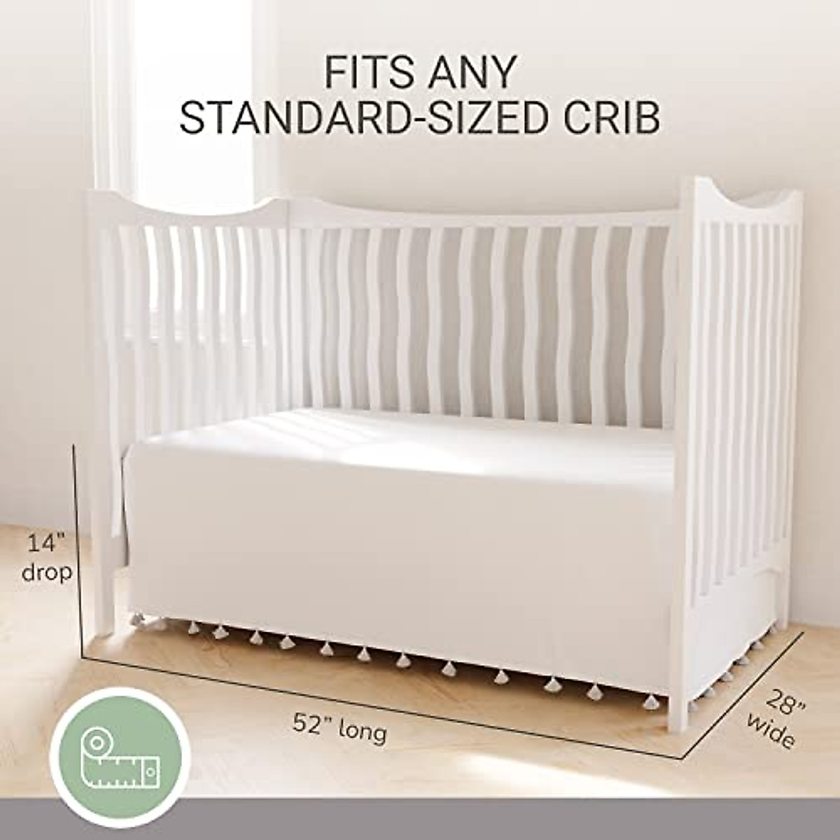 Tadpoles Crib Skirt with Tassel | 28" x 52" with a 14" Drop | Made of 100% Softly Brushed Microfiber Polyester | Easy to Care for | Soft, Smooth, Breathable & Durable | Ideal for Babies | White