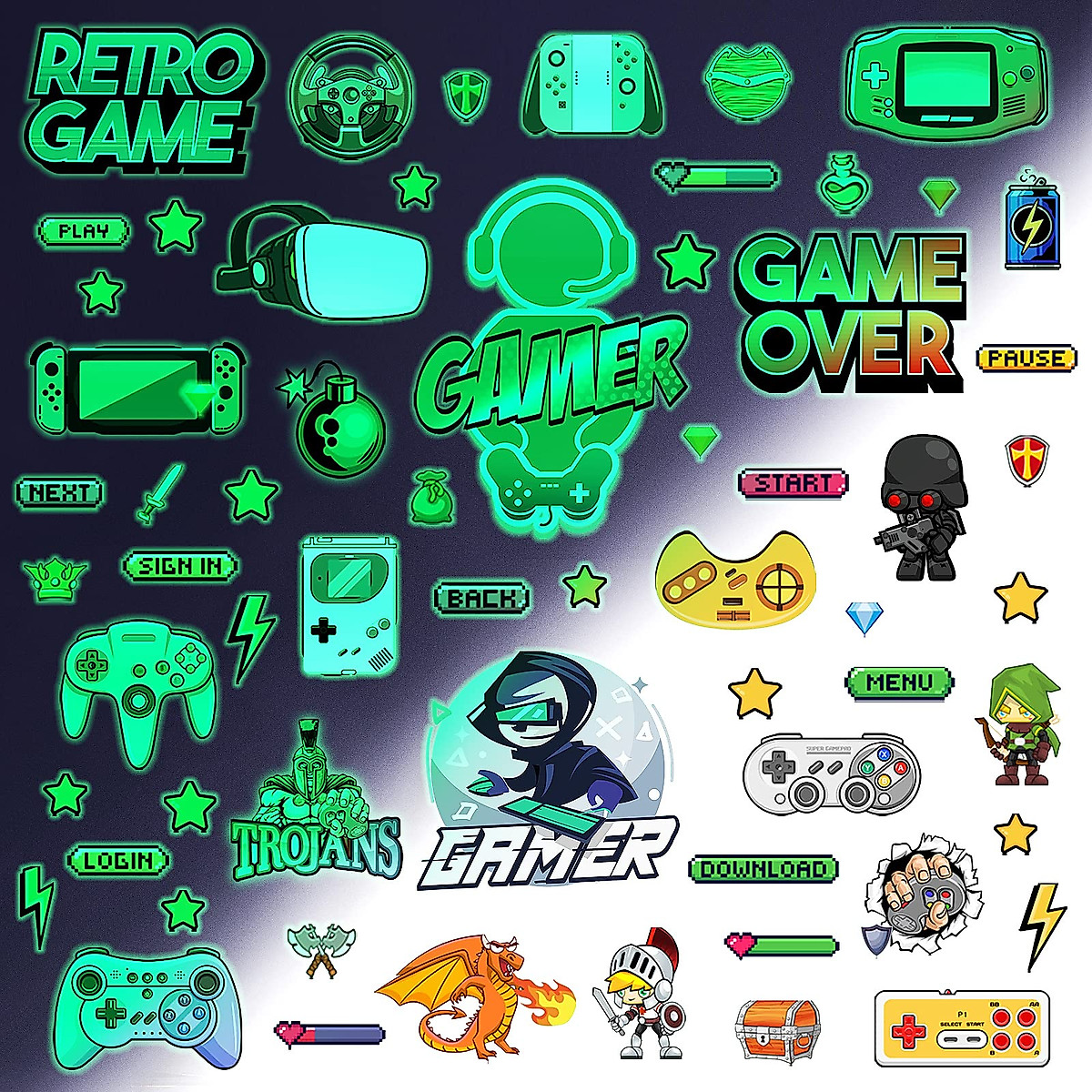 Gamer Room Decor,Gaming Wall Decals Sticker Boys Room Decor,Glow in The Dark Video Game Wall Stickers,Game Wall Decals for Gamer Bedroom Playroom