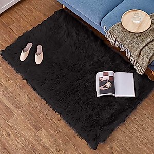 Scceatti AreaRug 3x2 Feet Washable Tufted Non Slip Living Room Rugs Carpet Big Luxury Floor Rug Wool Imitation SheepskInch Rugs Faux Non Slip Bedroom Shaggy Carpet Mats for Bedroom Essentials,Black