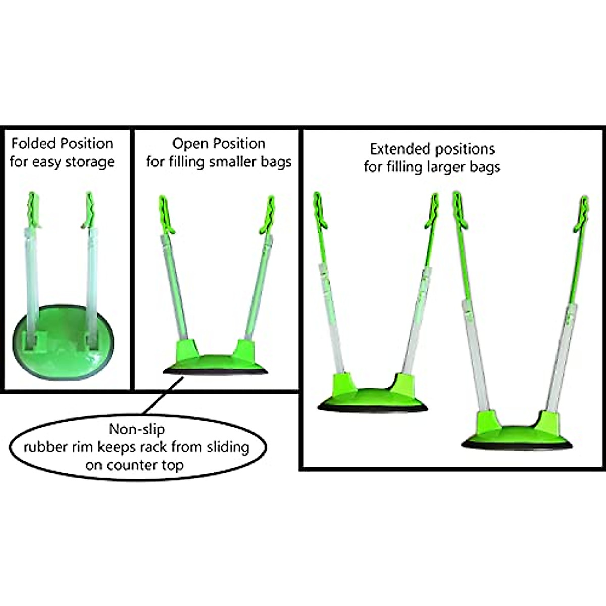 Baggy Rack (2-Pack) Ziplock Bag Holder Stand + Reusable 1 Gallon Freezer Bags (4-Pack) - Hands-Free Food Storage Bag Rack for all Size Food Prep Sandwich Bags + 4 Thick PEVA / Silicone Freezer Baggies