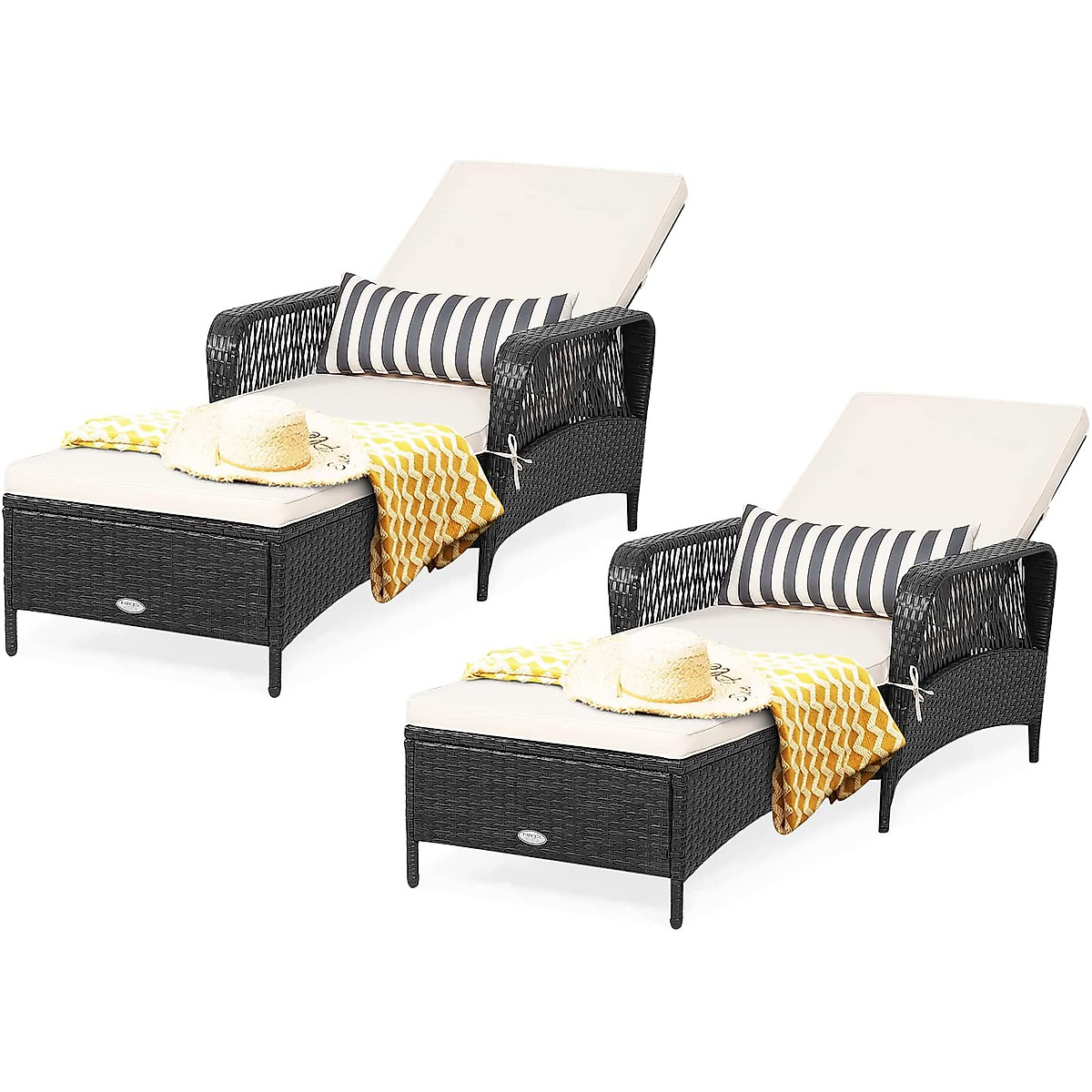 HAPPYGRILL 2 Patio Chaise Lounge Chair Set Outdoor Rattan Wicker Recliner with Thick Cushion, Lumbar Pillow, Adjustable Backrest for Garden Porch Lawn Poolside