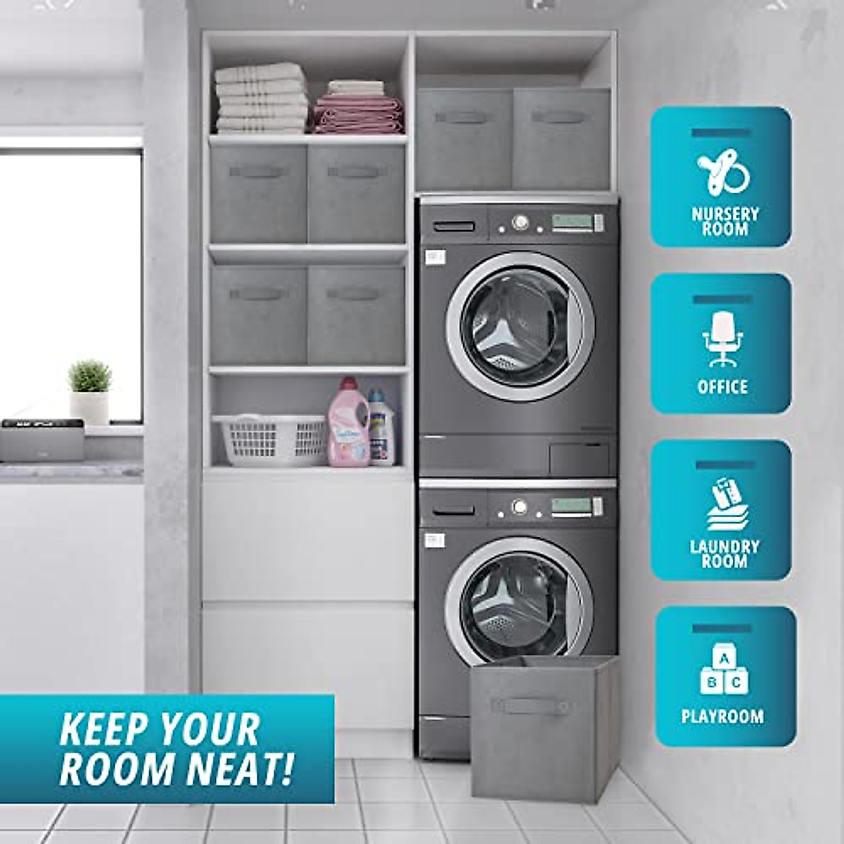 Klozenet 11 inch cube storage bins 8-pack, Fabric Collapsible Storage Bins Durable and Sturdy With Handle For Closet Shelves, Storage, Books, Cloth and Toys/ foldable Cubby Organizer, (Grey)