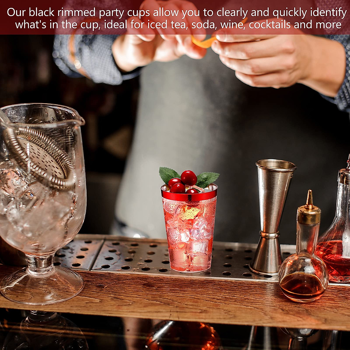 Norme 50 Pcs 12 oz Plastic Cups Disposable Cups 12 oz Plastic Glasses Clear Tumblers with Rim for Birthday Wedding Party Elegant Wine Coffee Cocktail(Red)