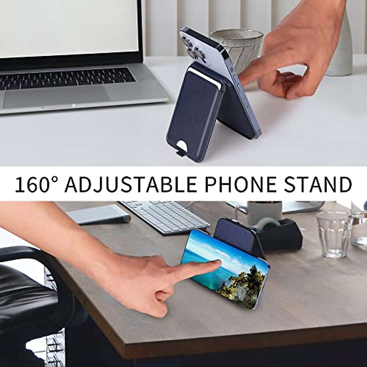H JIDOHUN Magnetic Wallet Card Holder with Adjustable Stand for iPhone 15/14/13/12 Series, Not for iPhone 13/12 mini - 3 Card Holder, Vegan Leather (Blue)