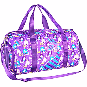 Gym Bag for Girls, Kids Duffle Bag for Travel, Girl Dance Duffel Bags with Shoe Compartment Weekender Overnight Bag, Mermaid