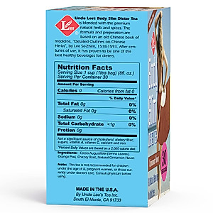 Uncle Lee’s Body Slim Dieters Tea, Detox & Slimming Tea, Senna, Bitter Orange, Cinnamon Flavor & Chicory Root, Natural Laxative, Caffeine-Free Herbal Tea Bags, 30 Count Ea (Pack of 6)
