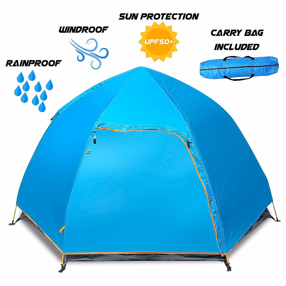 BornTech 1 Minute Instant Easy Setup Pop Up Camping Tent Light Weight Backpacking Tent Waterproof Windproof Tents for Camping, Hiking, Outdoor Festivals, Beach (Blue, 4 Person)