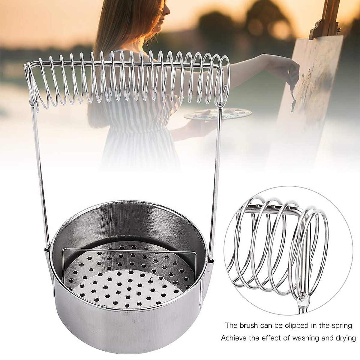 Zerodis Brush Washer, Painting Brush Cleaner Uncovered Stainless Steel Oil Painting Pen Straight Washing Barrel Holder Portable Leak Proof Stable Screen Removable Wash for