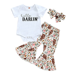 Western Baby Girl Clothes Cowgirl Bell Bottom Outfit Short Sleeve Cow Print Funny Letter Shirt Flare Pant 2Pcs Set (X Shirt-o 1, 6-12 Months)