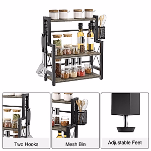 Rolanstar Spice Rack Organizer with Wire Basket, 3-Tier Kitchen Shelf, Wooden Spice Organizer with 2 Hooks, Countertop Bathroom Storage Shelf, Seasoning Rack, Grey