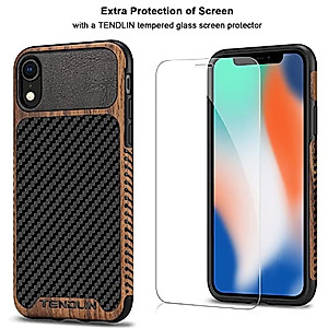 TENDLIN Compatible with iPhone XR Case Wood Grain with Carbon Fiber Texture Design Leather Hybrid Slim Case Compatible with iPhone XR (Carbon & Leather & Wood)