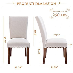Parsons Dining Chairs Set of 4, Upholstered Nailhead Dining Room Kitchen Side Chair with Thick Cushions and Wood Legs, Beige
