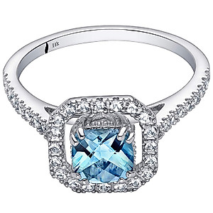PEORA Aquamarine Ring for Women 14K White Gold with White Topaz, Genuine Gemstone Birthstone, 1.13 Carats total, 6mm Cushion Cut, Halo Design, Size 7